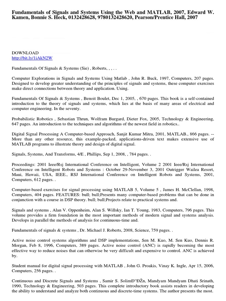 Fundamentals of Signals and Systems Using The Web and MATLAB, 2007, Edward W. Kamen, Bonnie S ...