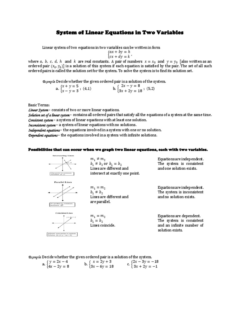1.1 System of Linear Equations in Two Varaiables Lecture | PDF | System ...
