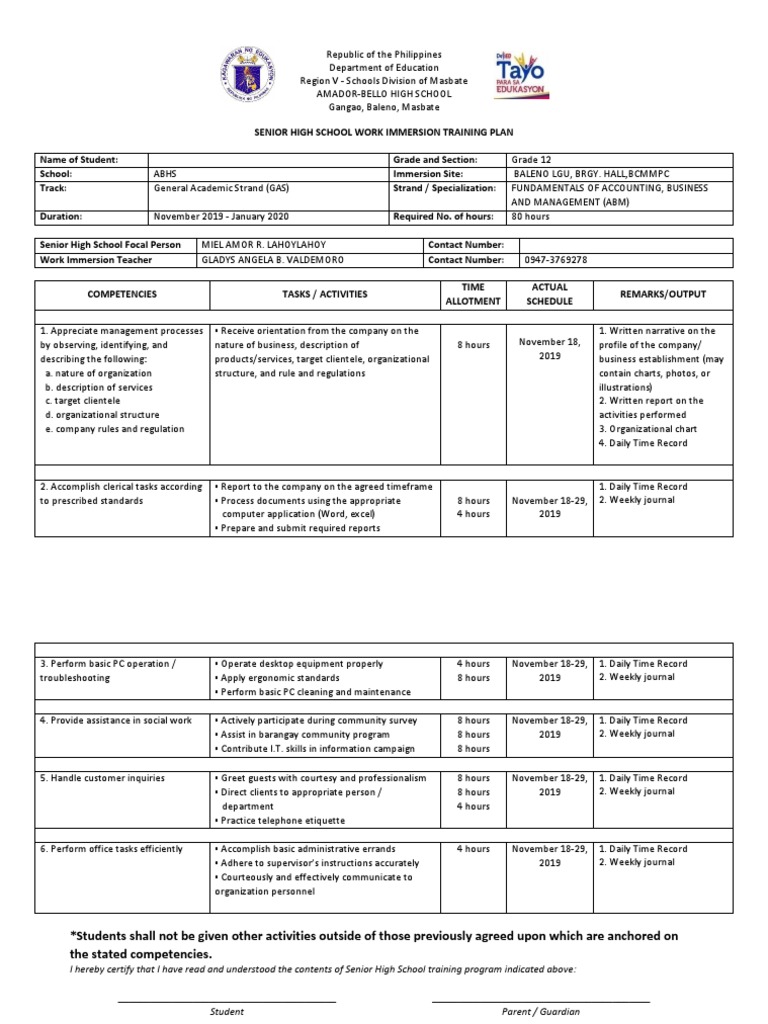 Work Immersion Training Plan | PDF | Learning | Business