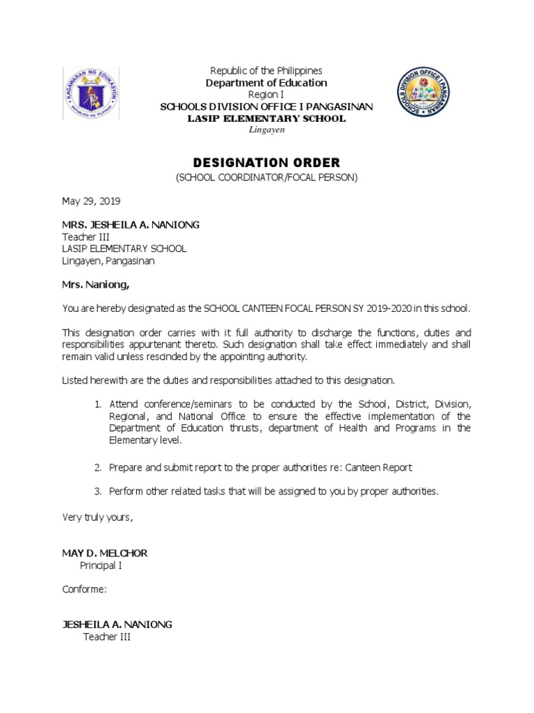 Designation Order: Department of Education Schools Division Office I ...