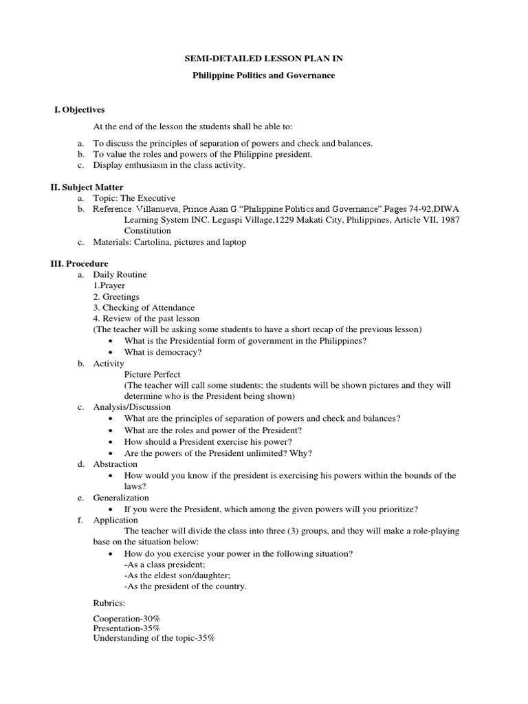 Semi-Detailed Lesson Plan in Philippine Politics and Governance | PDF ...