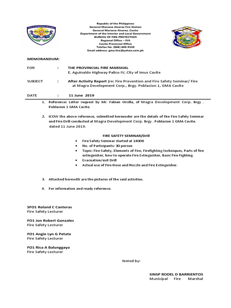 Memorandum: The Provincial Fire Marshal: Fire Safety Seminar/Drill ...