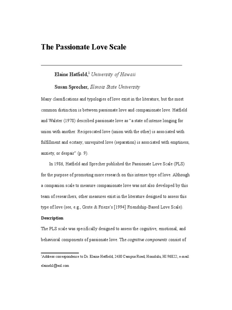 The Passionate Love Scale: Elaine Hatfield, University of Hawaii Susan ...