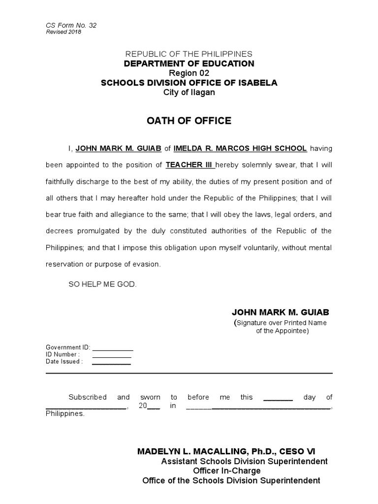 Oath of Office: Department of Education Schools Division Office of ...