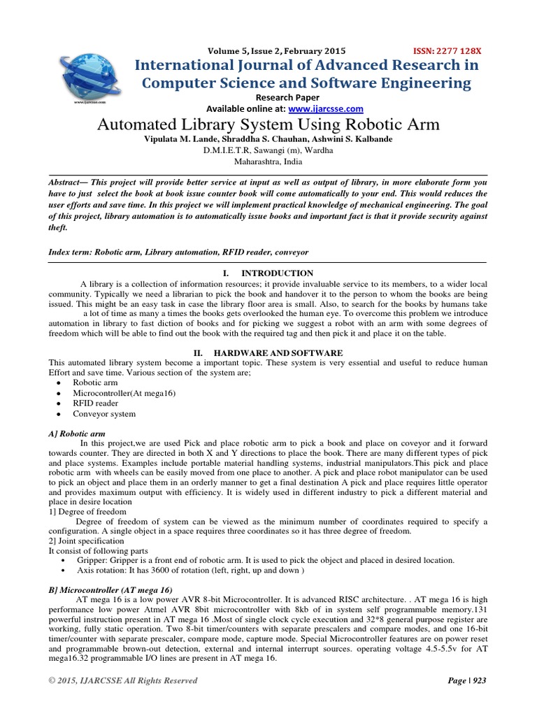 Automated Library System Using Robotic Arm | PDF | Microcontroller | Arm Architecture