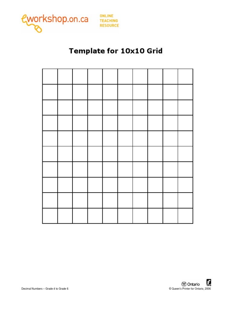 10x10 Grid Template for Decimal Numbers | PDF