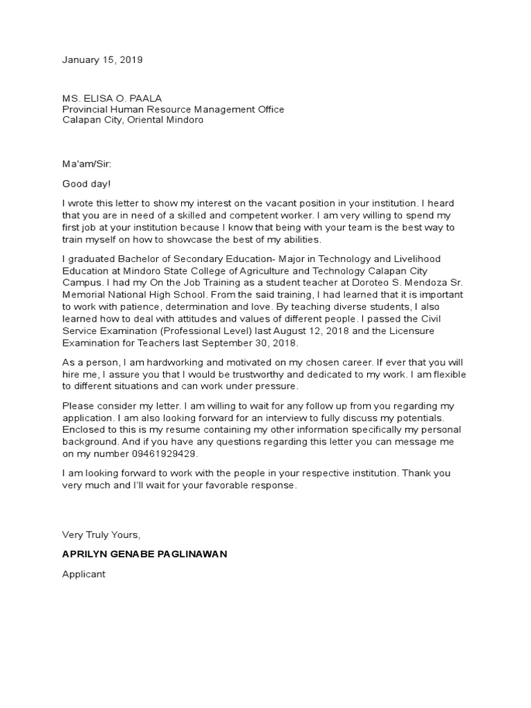 Application Letter For Provincial Capitol of Calapan | PDF