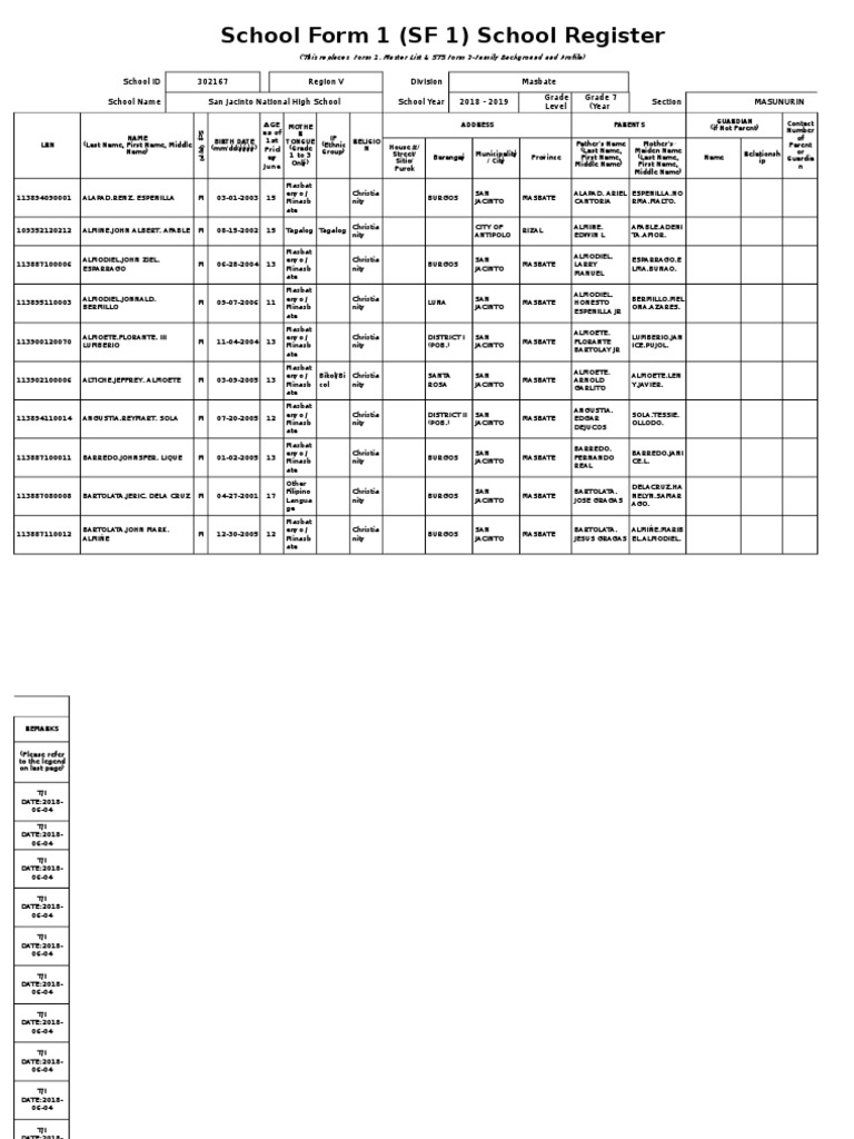 School Form 1 (SF 1) School Register | PDF