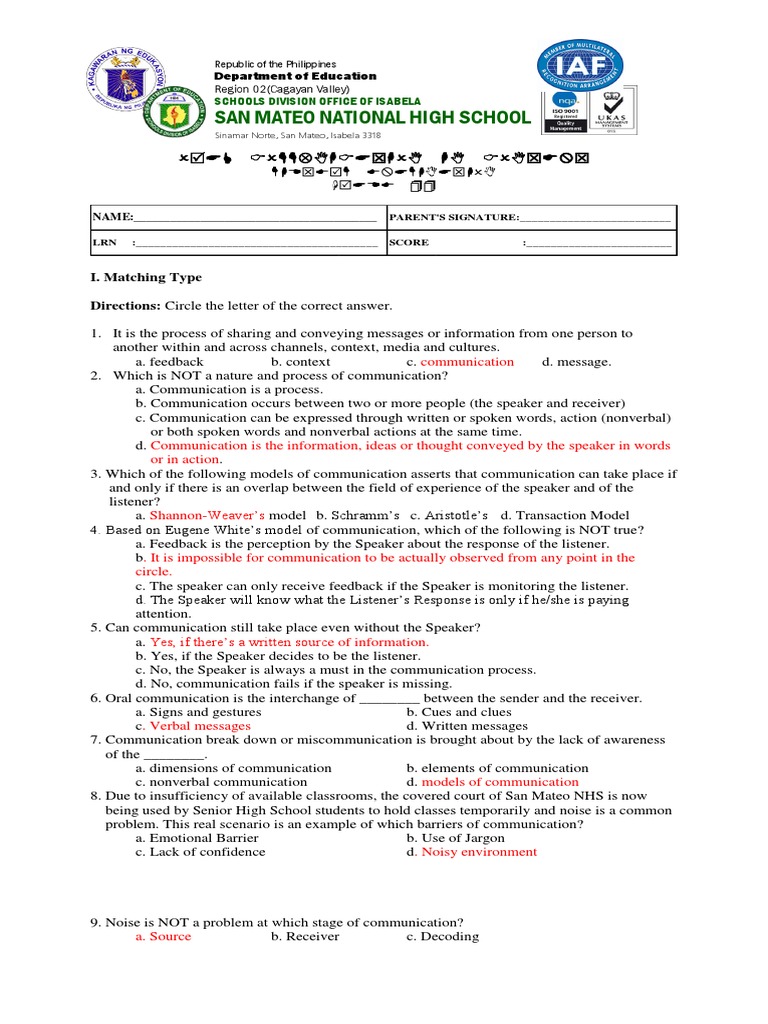 San Mateo National High School: I. Matching Type Directions: Circle The ...