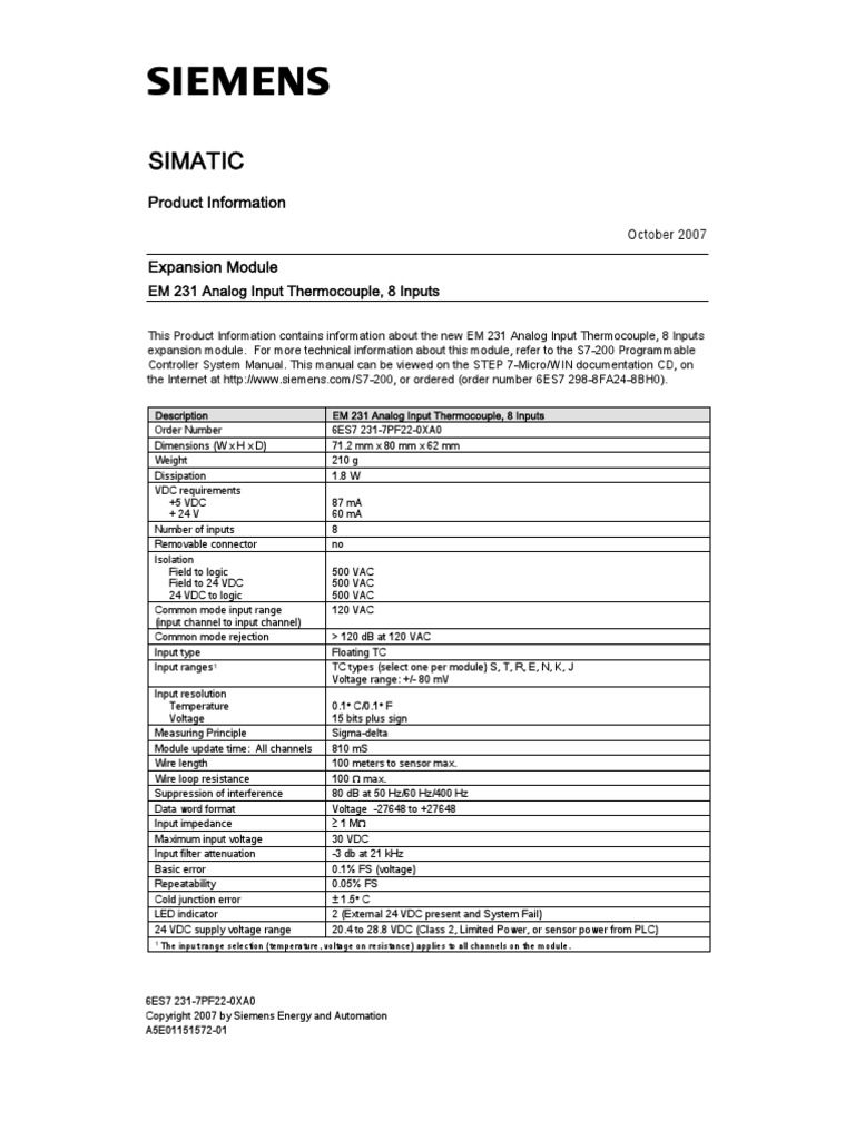 EM 231 TC 8AI e | PDF | Thermocouple | Programmable Logic Controller