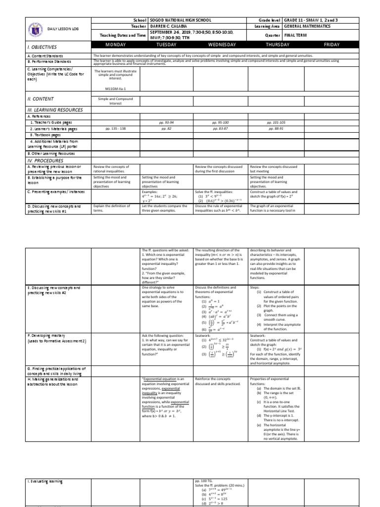Daily Lesson Log for Grade 11 Mathematics | PDF | Exponential Function ...