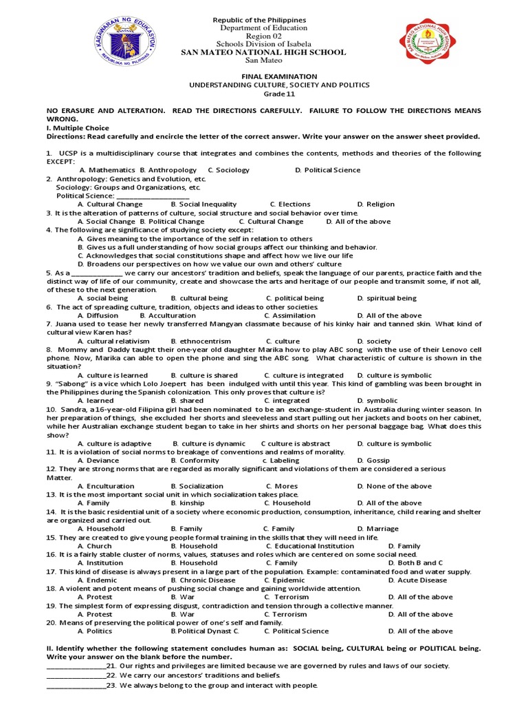 Gr11 UCSP Final Exam 3 | PDF | Family | Traditions