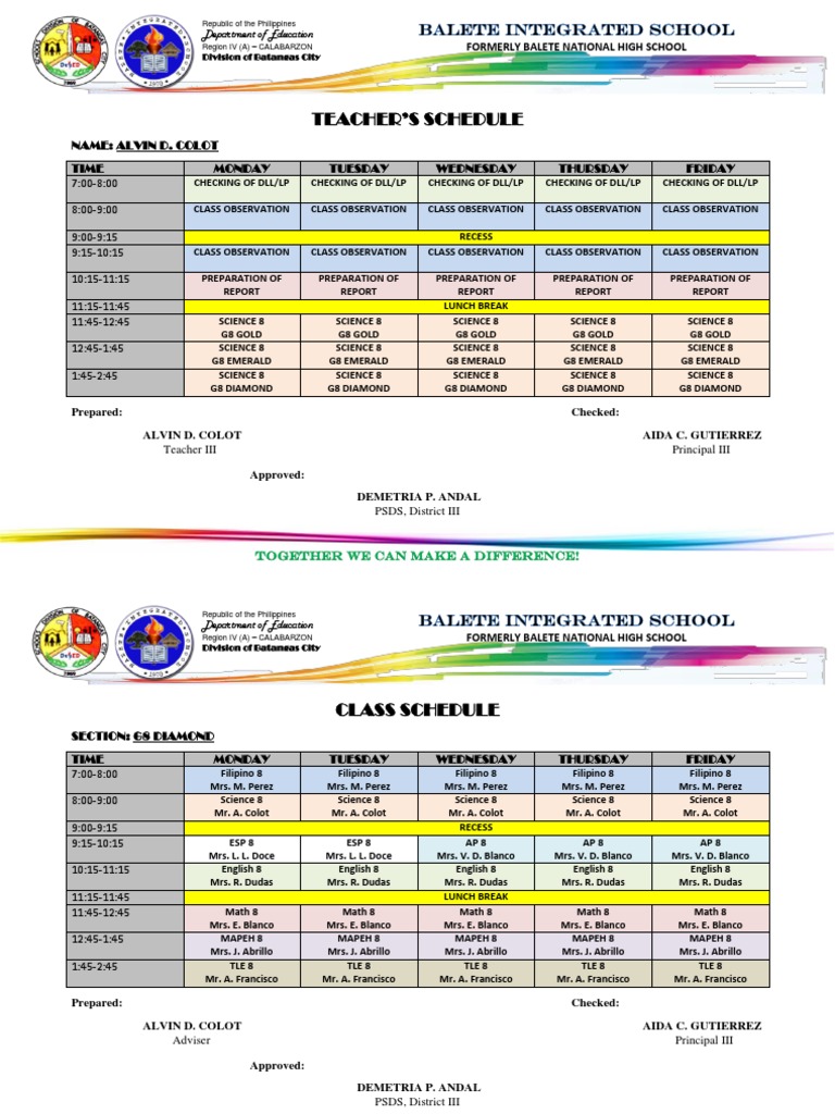 Teacher Alvin D. Colot's Weekly Class and Duty Schedule at Formerly ...