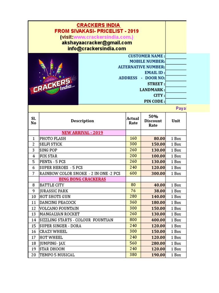 Crackersindia Price List 2019 Excel | PDF