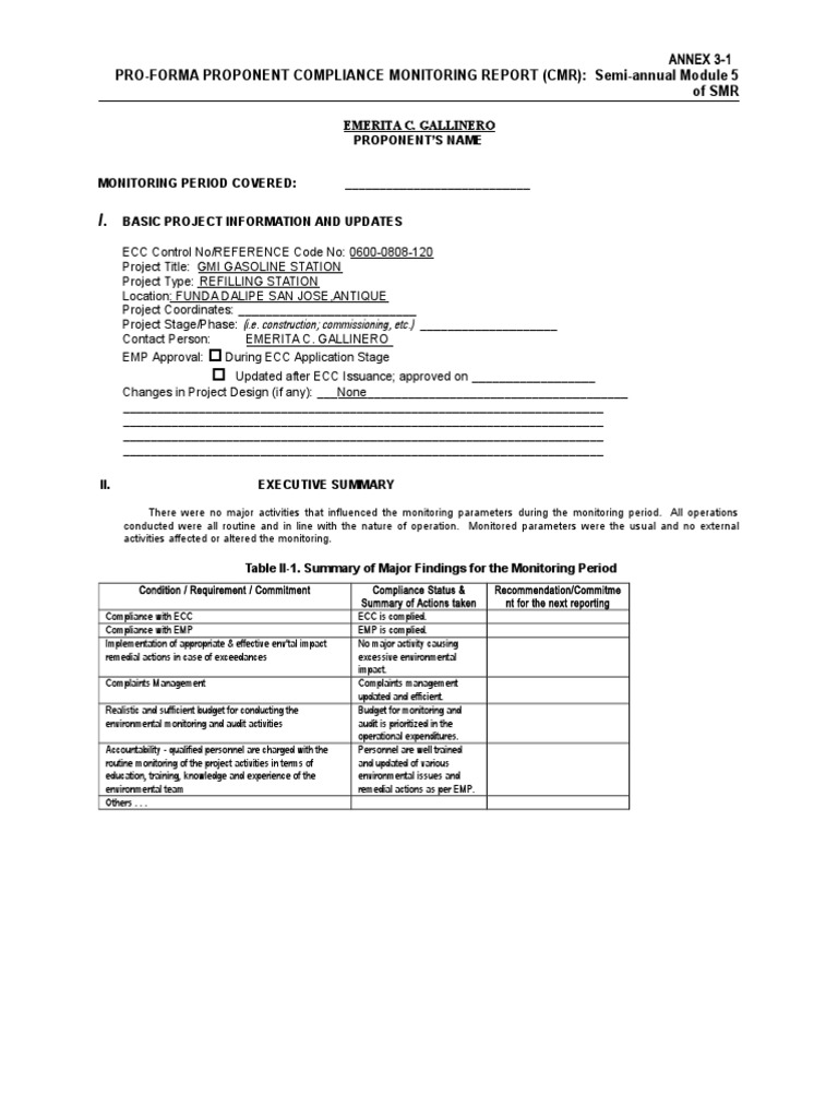 Pro-Forma Proponent Compliance Monitoring Report (CMR) : Semi-Annual ...