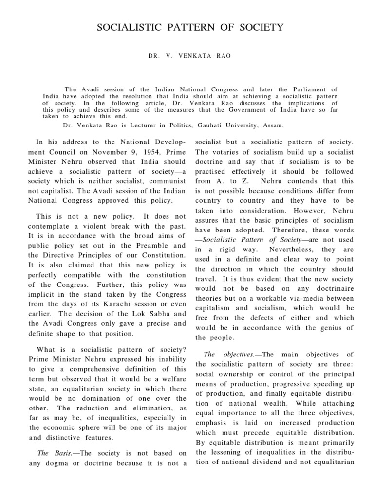 Socialistic Pattern of Society: Dr. V. Venkata Rao | PDF | Socialism ...