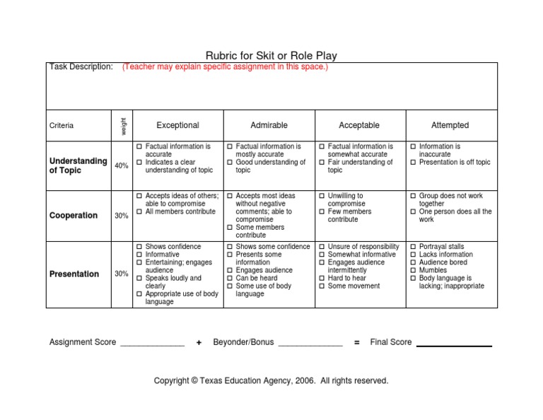 Rubric For Skit or Role Play: (Teacher May Explain Specific Assignment ...