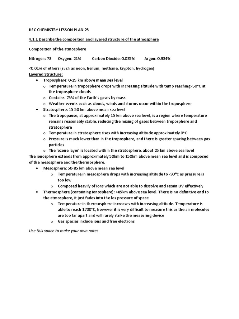 HSC Chemistry Lesson Plan 25 | PDF | Oxygen | Atmosphere Of Earth