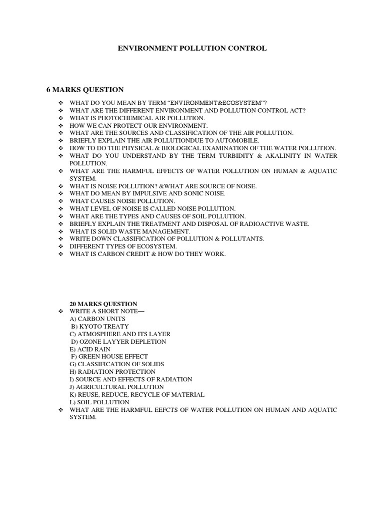 Environment Pollution Control: 20 Marks Question | PDF