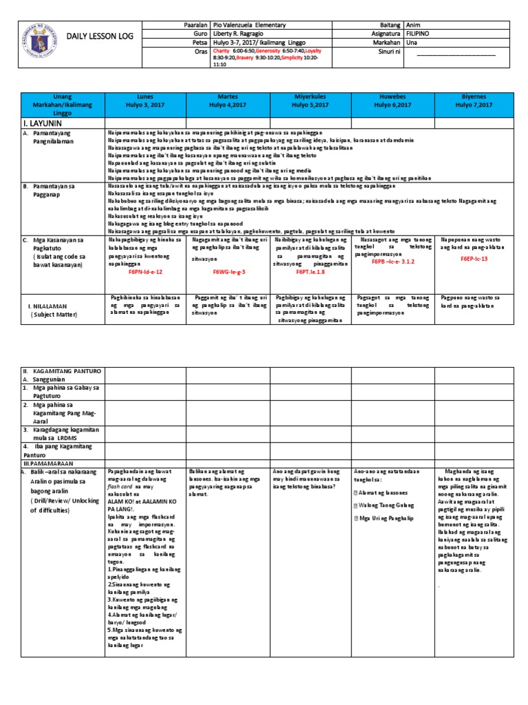 Daily Lesson Log Fil.6 Format | PDF