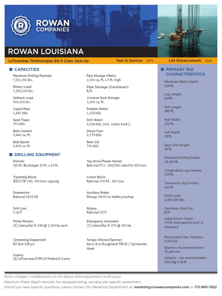 Specifications and Capabilities of the Rowan Louisiana Jack-Up Drilling ...
