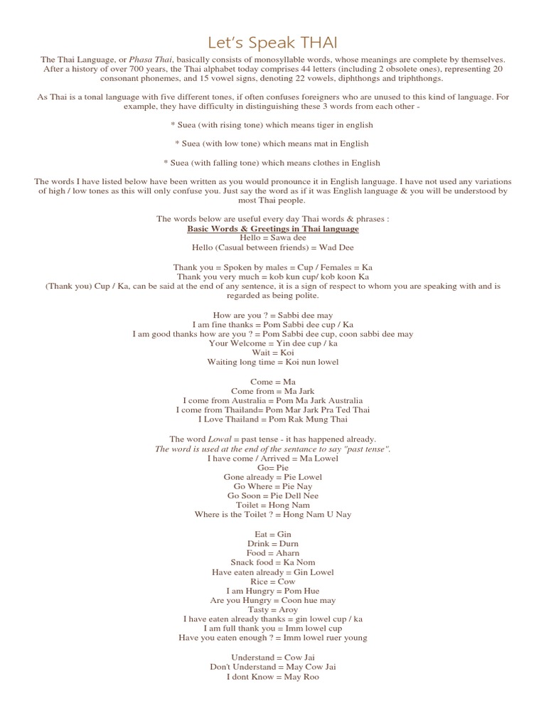 Let's Speak THAI: Basic Words & Greetings in Thai Language | PDF | Tone ...