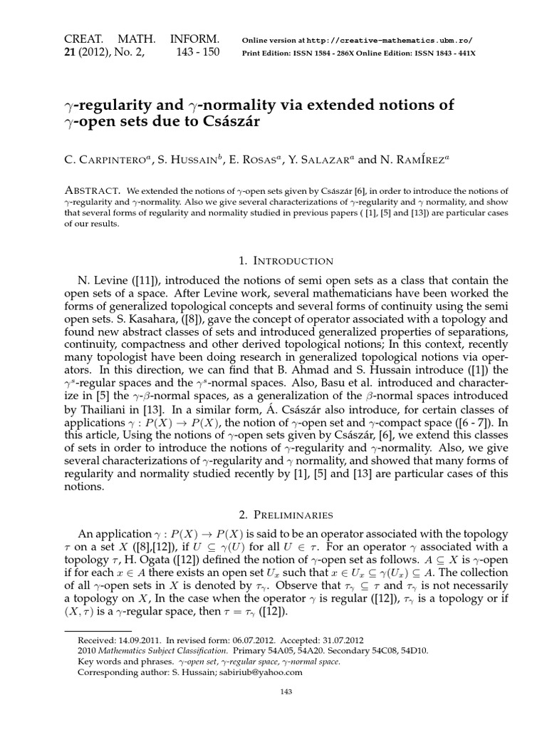 Ɣ-Regularity and Ɣ-Normality Via Extended Notions of Ɣ-Open Sets Due To Csaszar | PDF | Topology ...