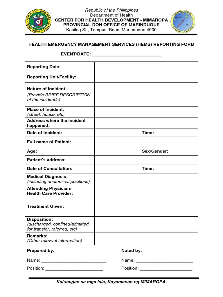 Marinduque Hems Reporting Form Patient Form | PDF