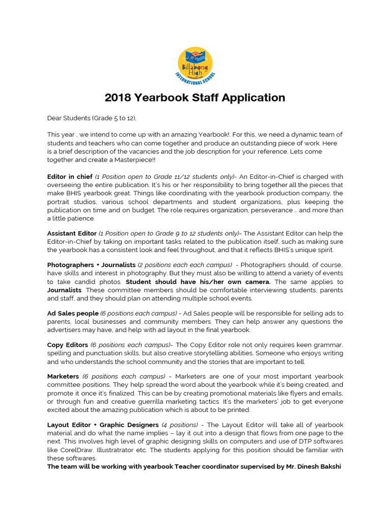 2018 Yearbook Staff Application | PDF | Copy Editing | Graphic Design