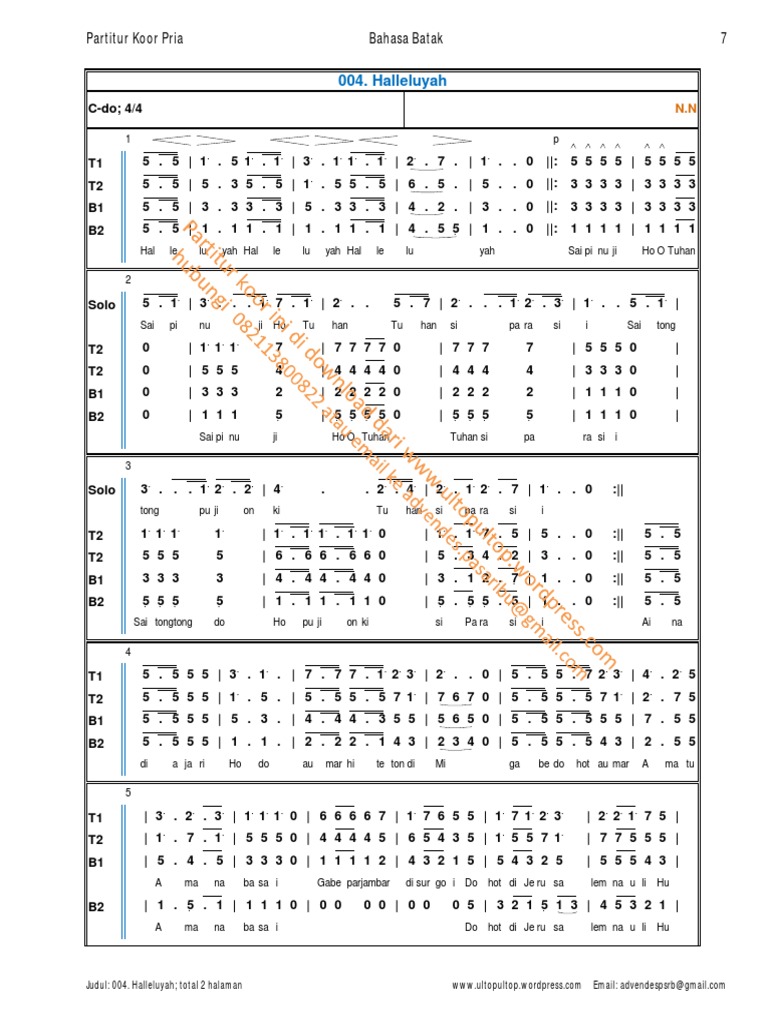 Halleluyah: Partitur Koor Pria Bahasa Batak 7 | PDF