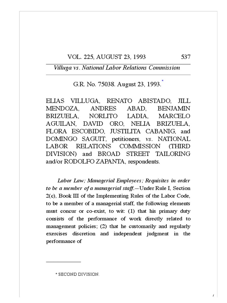 16 Villuga vs. National Labor Relations Commission 225 SCRA 537, August 23, 1993 - Escra | PDF ...
