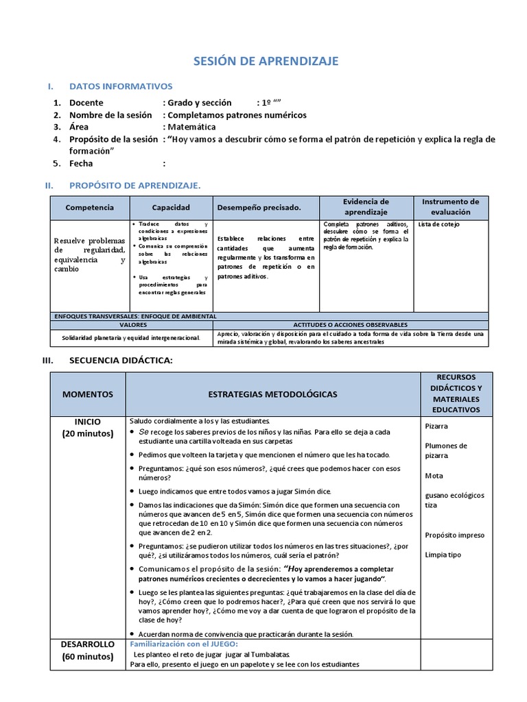 Sesion Completamos Patrones Numéricos | PDF | Plan de estudios | Aprendizaje