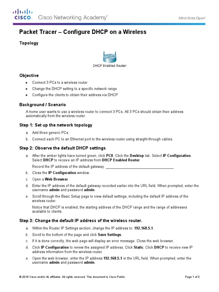 4.3.3.3 Packet Tracer - Configure DHCP On A Wireless Router | PDF | Ip Address | Router (Computing)