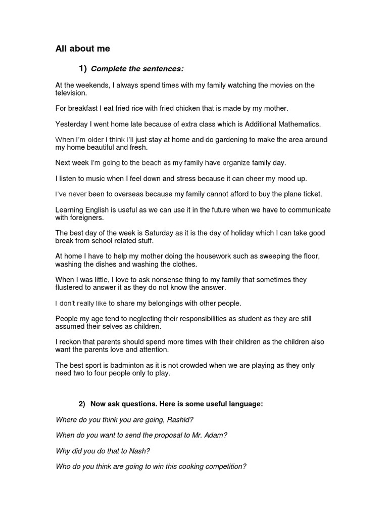 All About Me 1) : Complete The Sentences | PDF