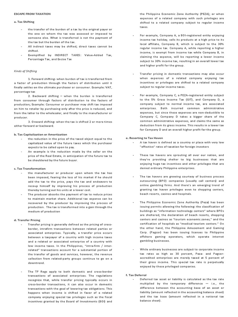 Kinds of Shifting: Escape From Taxation A. Tax Shifting | PDF | Tax ...