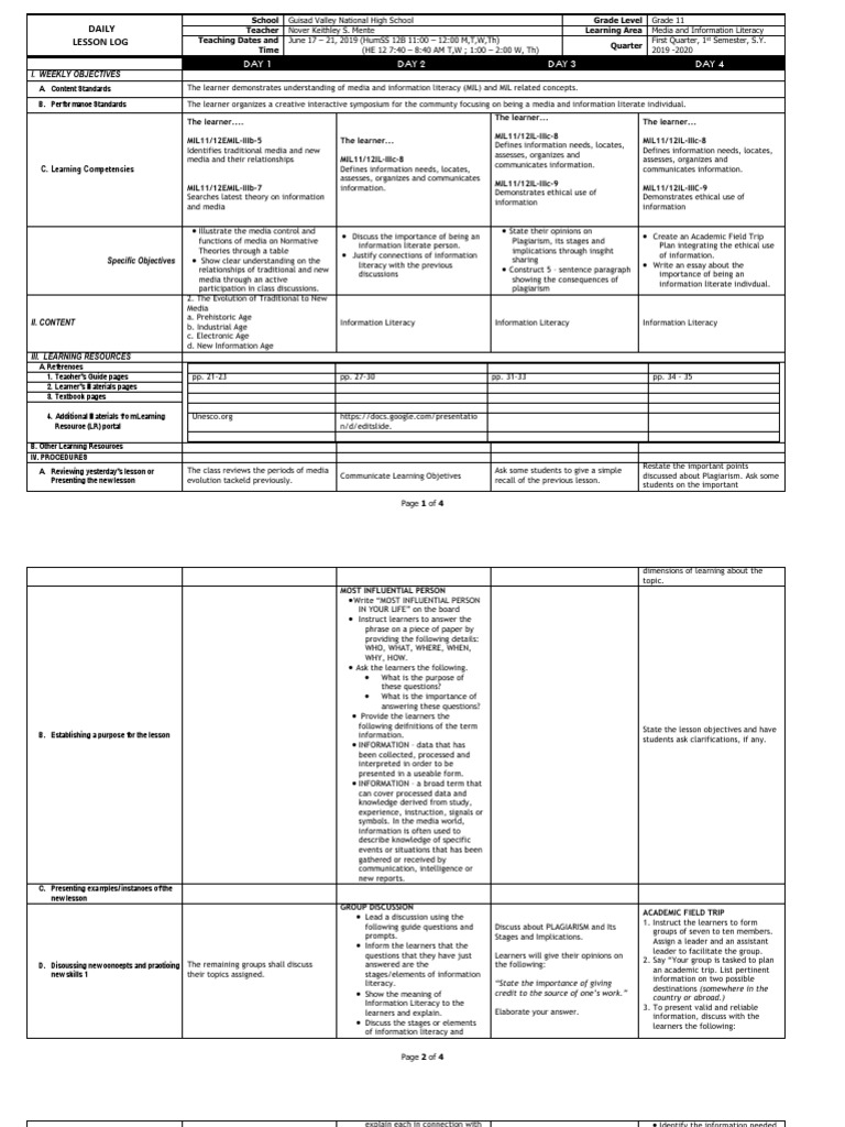 Daily Lesson Log: Day 1 Day 2 Day 3 Day 4 | PDF | Information Literacy ...