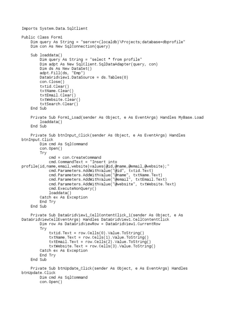 CRUD VB - NET Code | PDF | Databases | Software Engineering