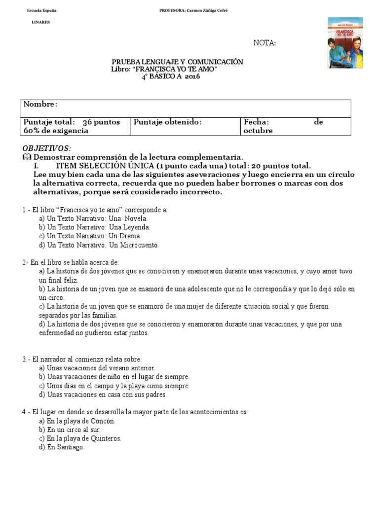 Análisis de comprensión lectora sobre la novela 'Francisca yo te amo ...