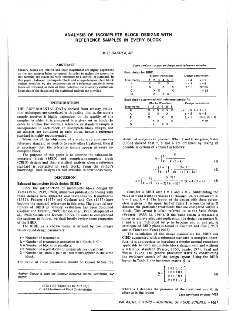 Analysis of Incomplete Block. Designs With Reference Samples in Every Block | PDF | Standard ...