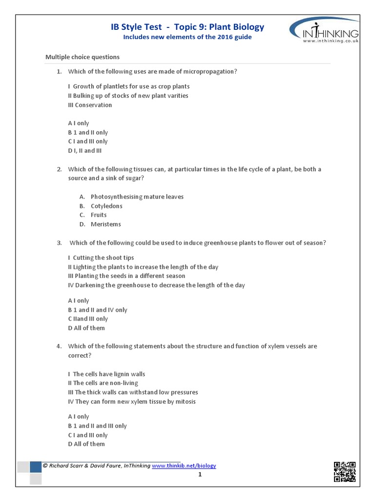 IB Style Test - Topic 9: Plant Biology: Includes New Elements of The ...