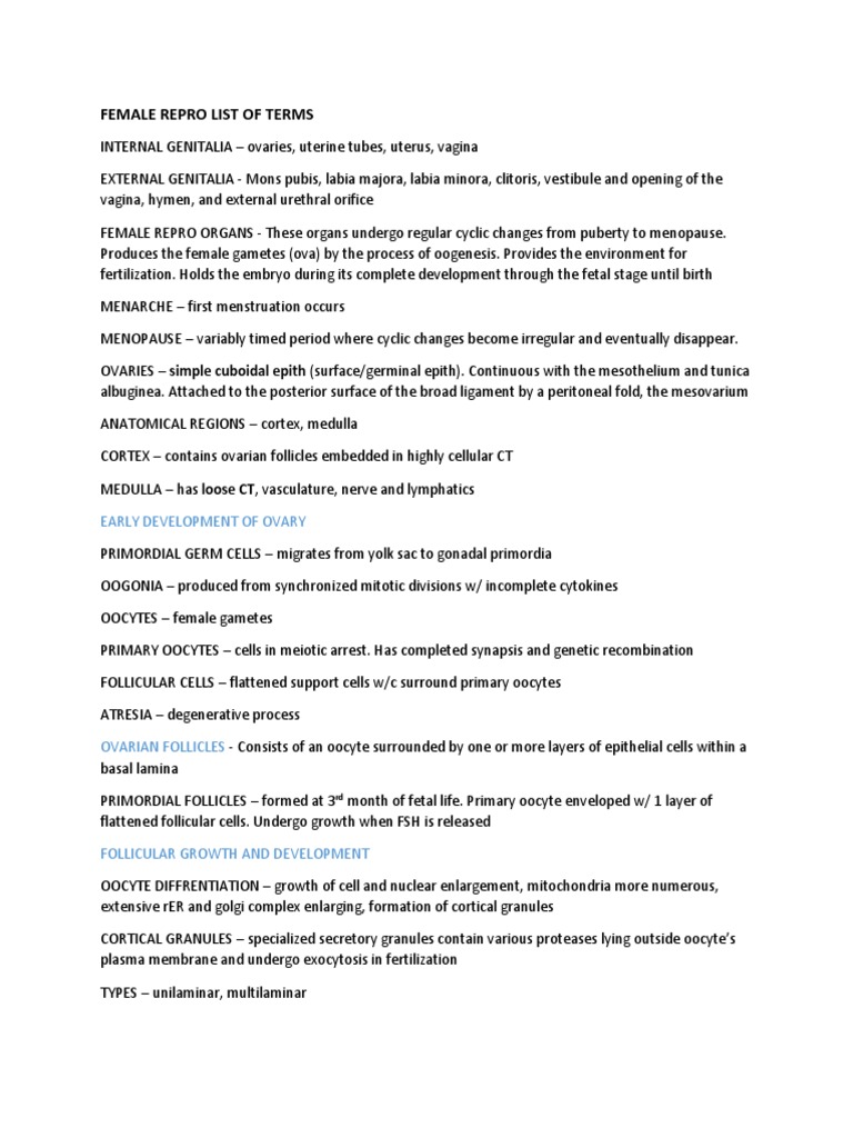 Female Repro List of Terms | PDF | Ovary | Implantation (Human Embryo)