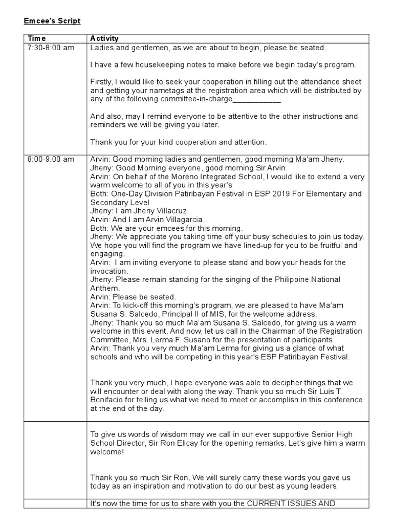 Emcee Script - Patiribayan Sa ESP | PDF