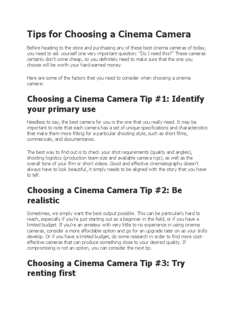 Tips For Choosing A Cinema Camera | PDF | Cinematography | Camera