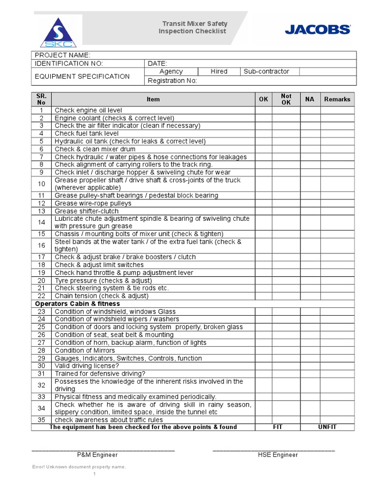Transit Mixer Safety Inspection Checklist: SR. No Item OK Not OK NA ...