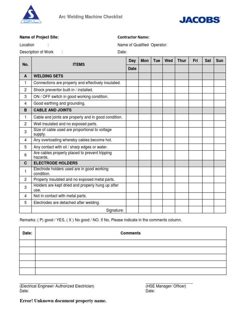 Arc Welding Machine Checklist: Name of Project Site | PDF