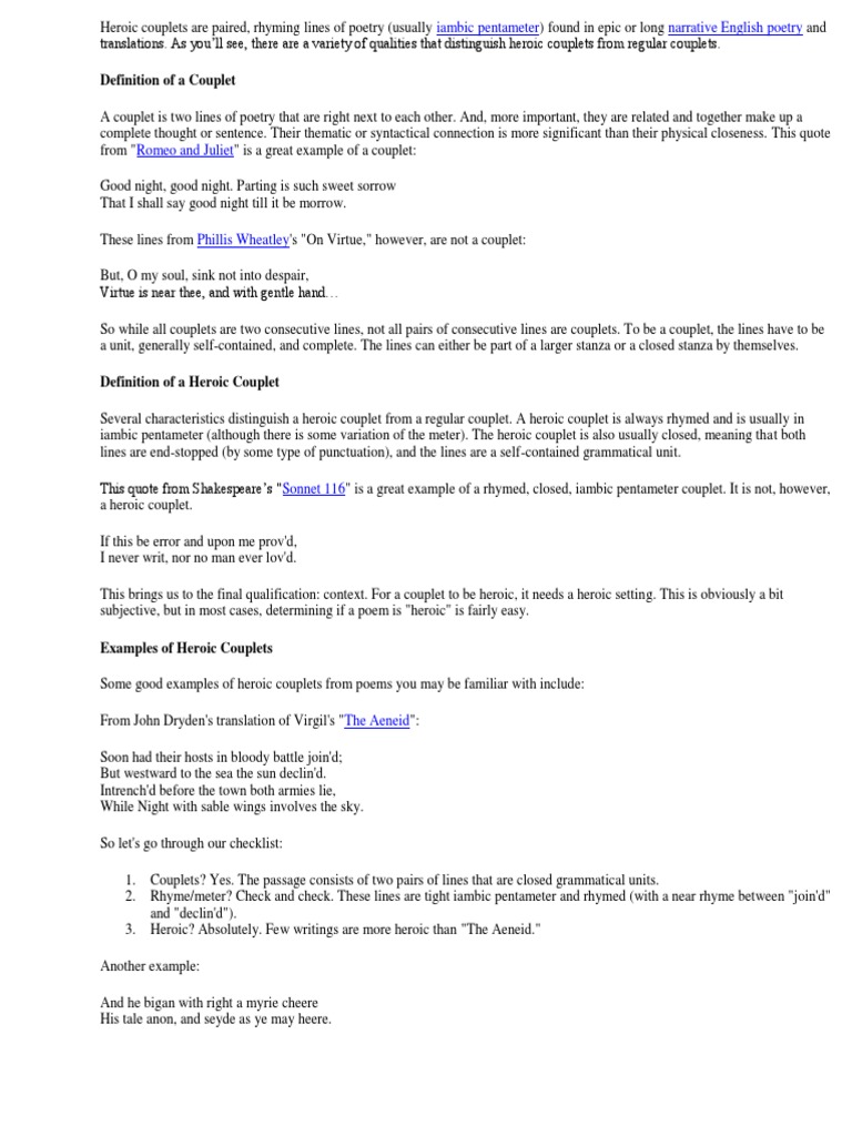 Differences Between Couplet and Heroic Couplet | PDF | Poetry | Metre ...