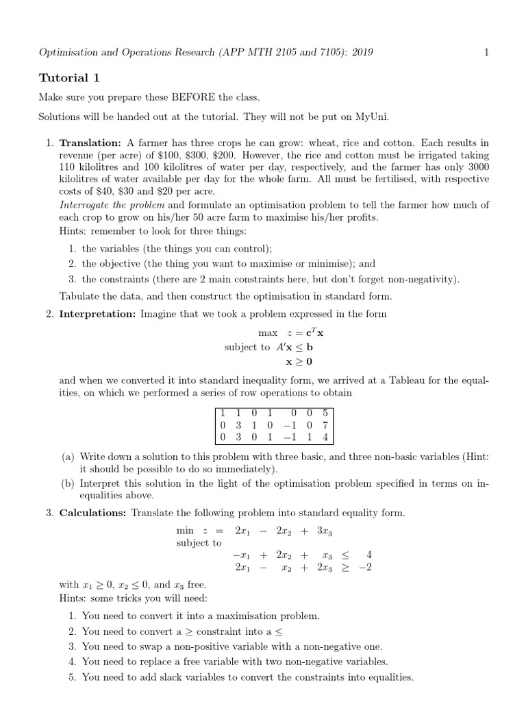 Tutorial 1 | PDF | Mathematical Optimization | Algebra
