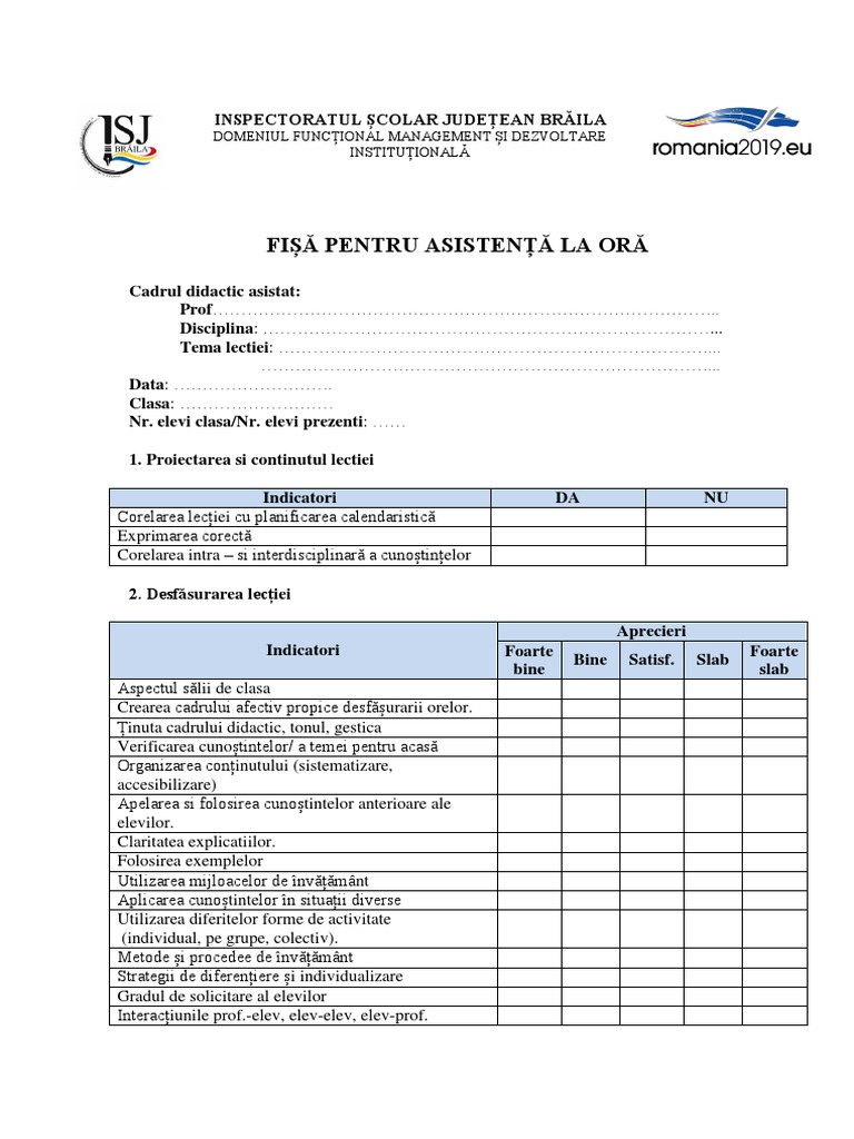 Fisa Pentru Asistenta La Ora 2018 2019 | PDF