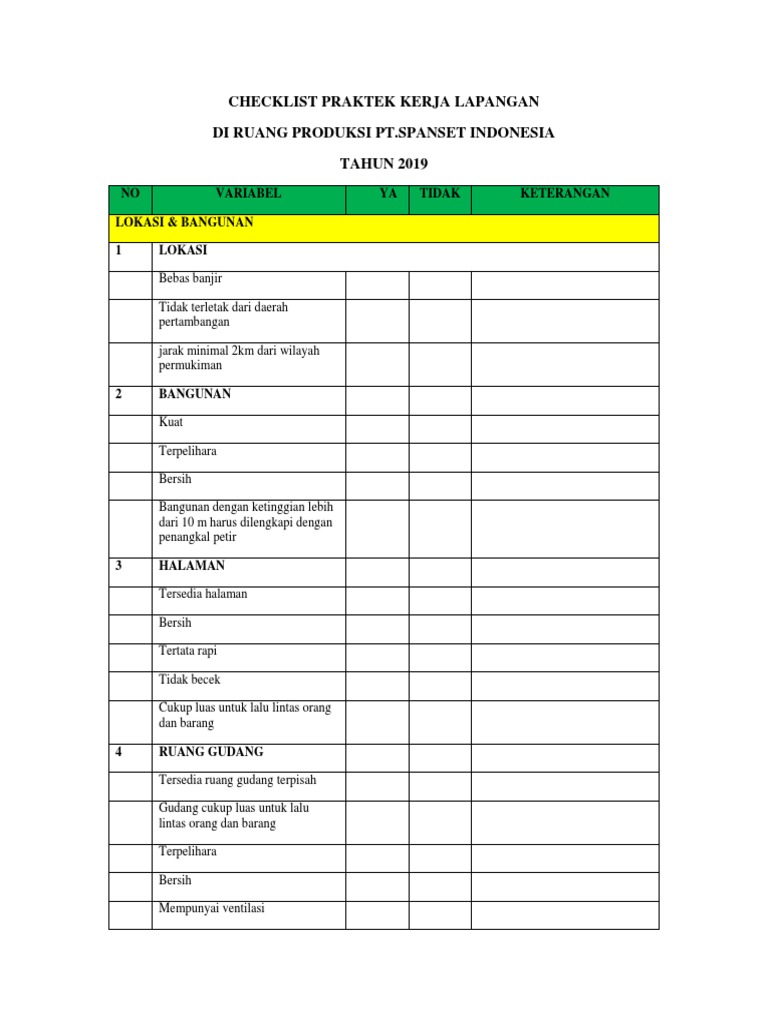 Checklist Sanitasi Industri PKJ 2 (Acengsan) | PDF
