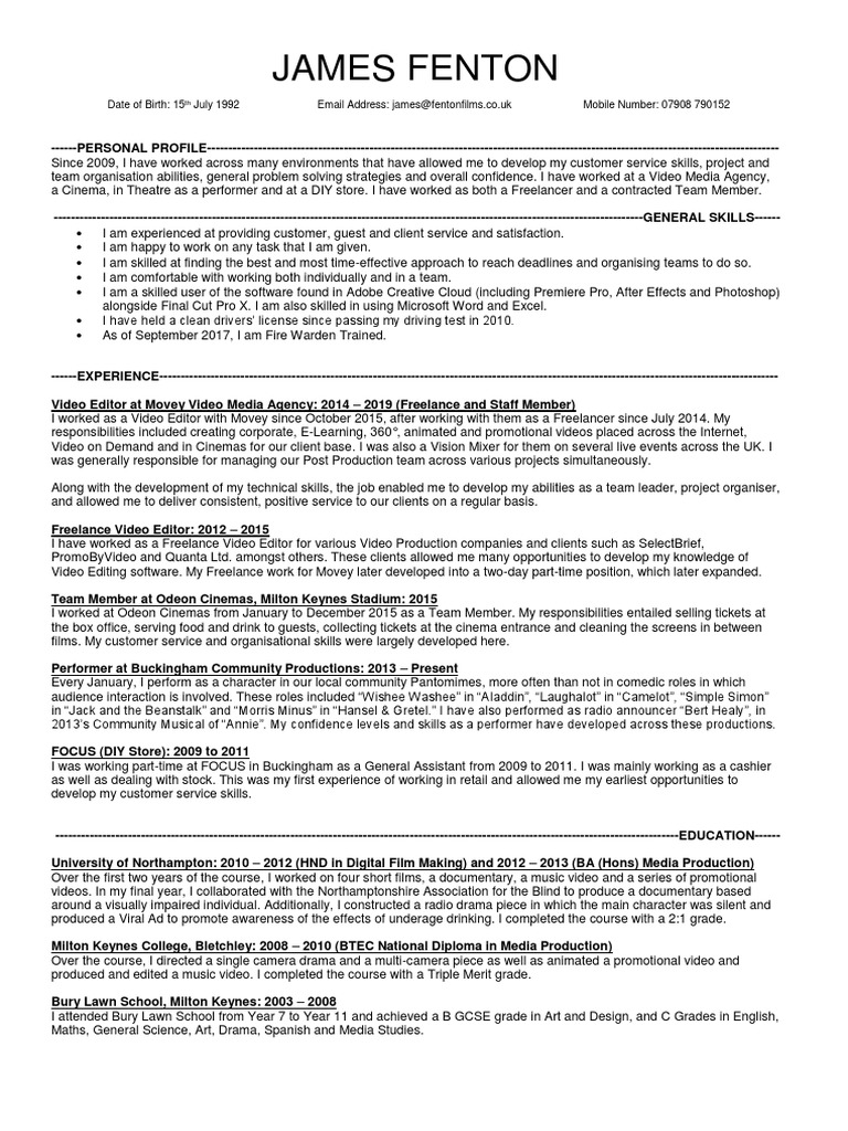 James Fenton 2019 CV | PDF | Theatre | Entertainment (General)